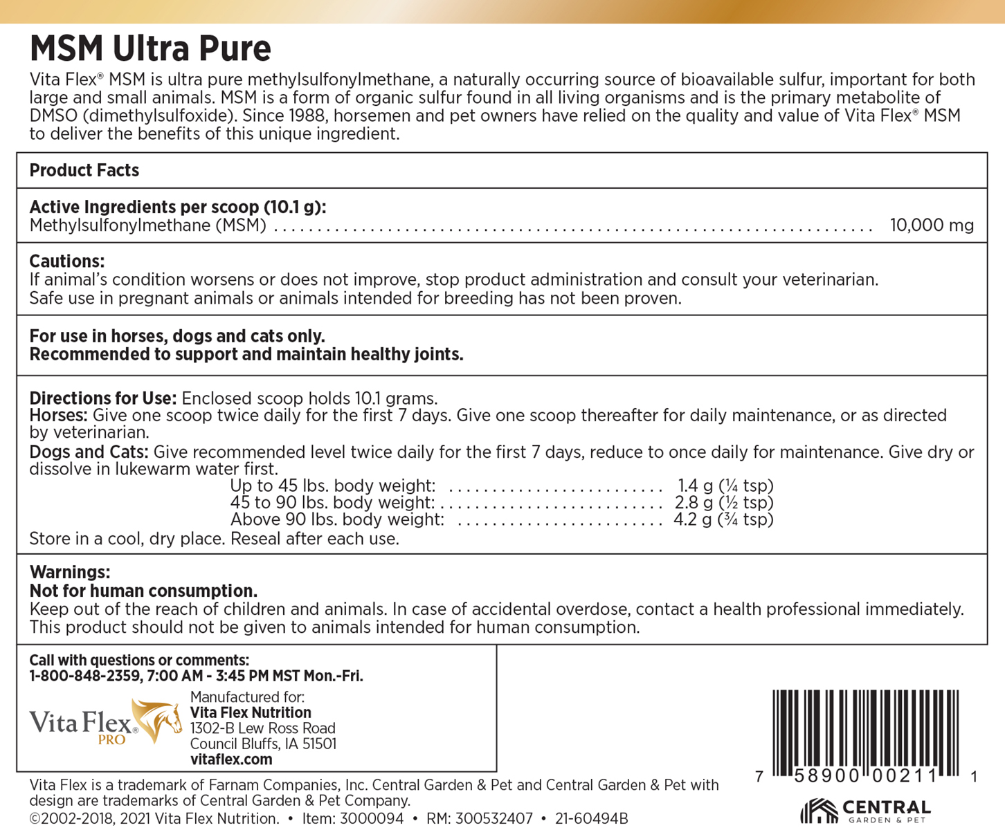Vita Flex Pro MSM Ultra Pure |for Horses Dog and Cats